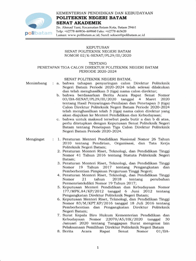 SK Senat Pernetapan Tiga Calon Direktur Politeknik Negeri Batam Periode 2020 2024 | PDF