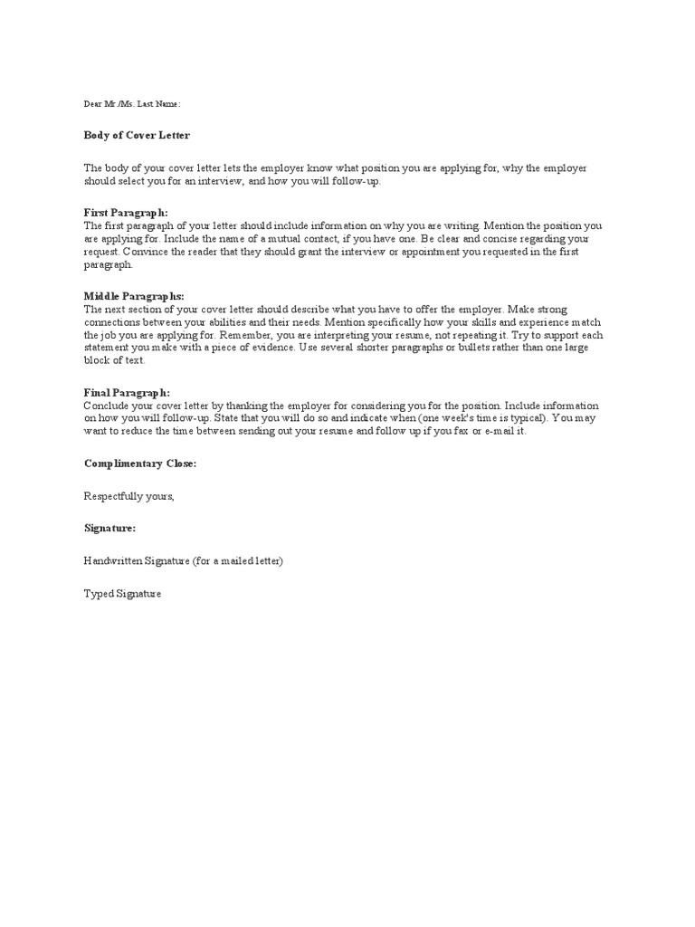 Body of Cover Letter: Dear Mr./Ms. Last Name | PDF | Résumé | Computing