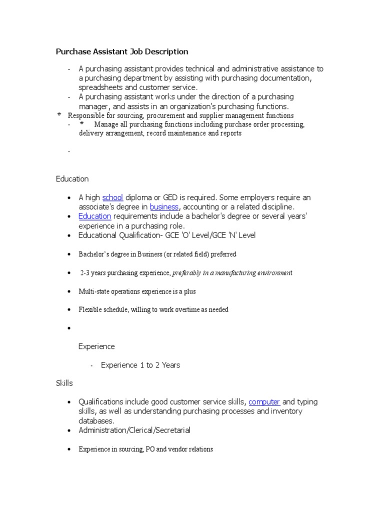 Purchase Assistant Job Description | PDF | Procurement | Operations ...