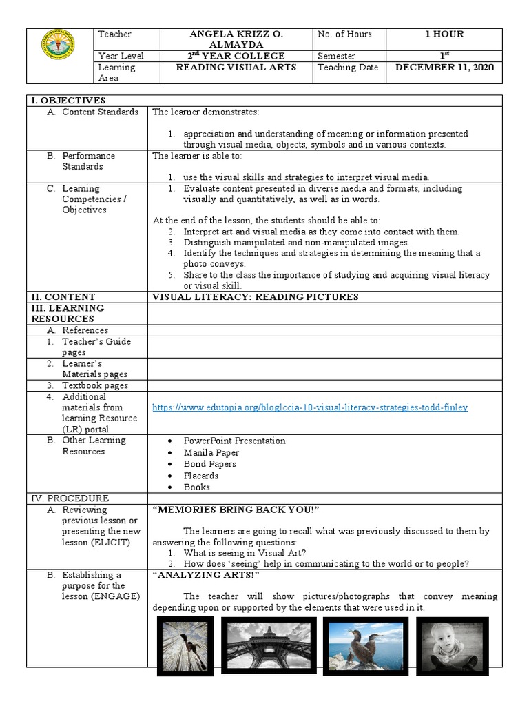 Semi-Detailed Lesson Plan - Visual Literacy (Reading Pictures) | PDF ...