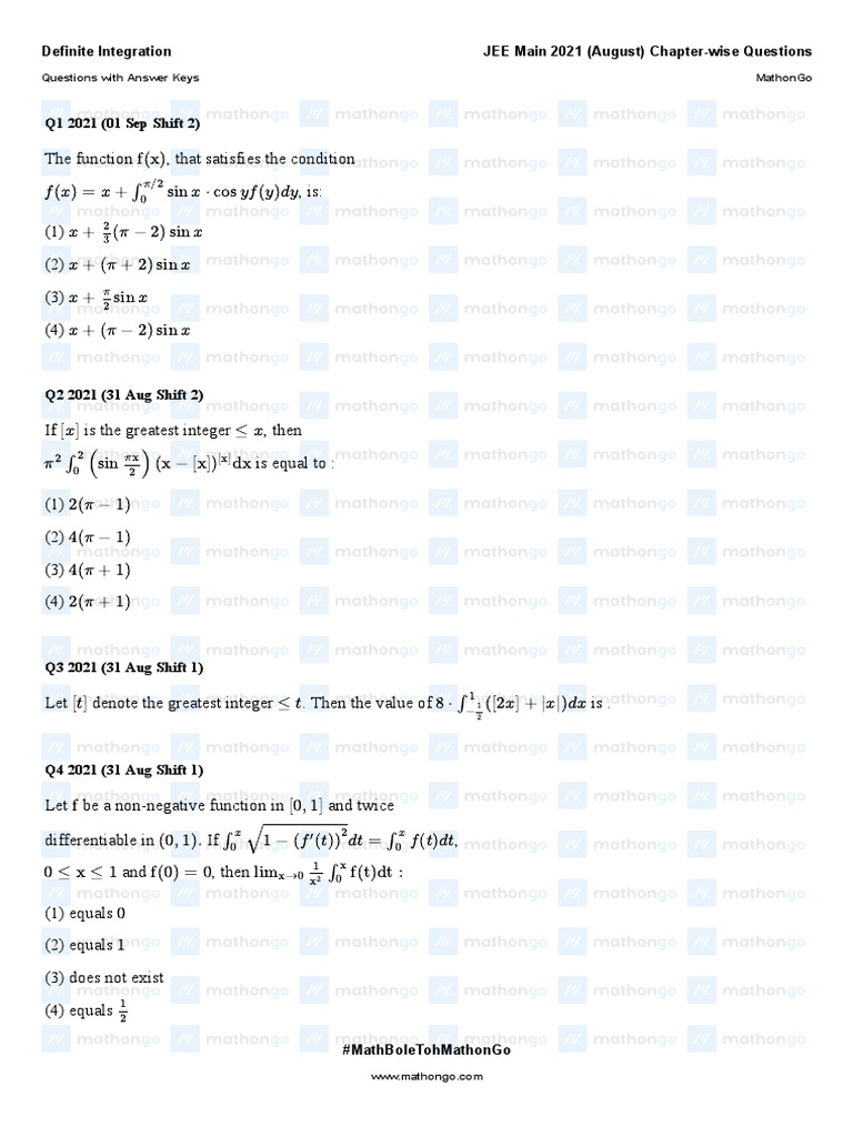 Definite Integration - JEE Main 2021 August Chapter-Wise - MathonGo | PDF | Mathematical ...