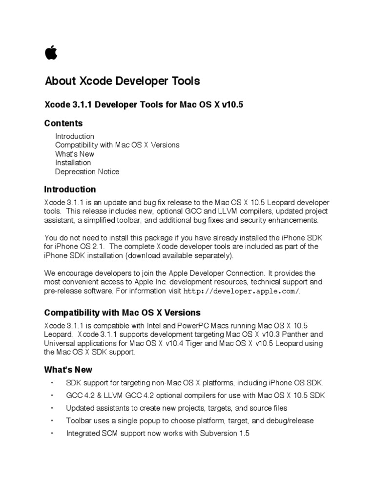 Xcode 3.1.1 Developer Tools For Mac OS X v10.5 | PDF | Xcode | Mac Os