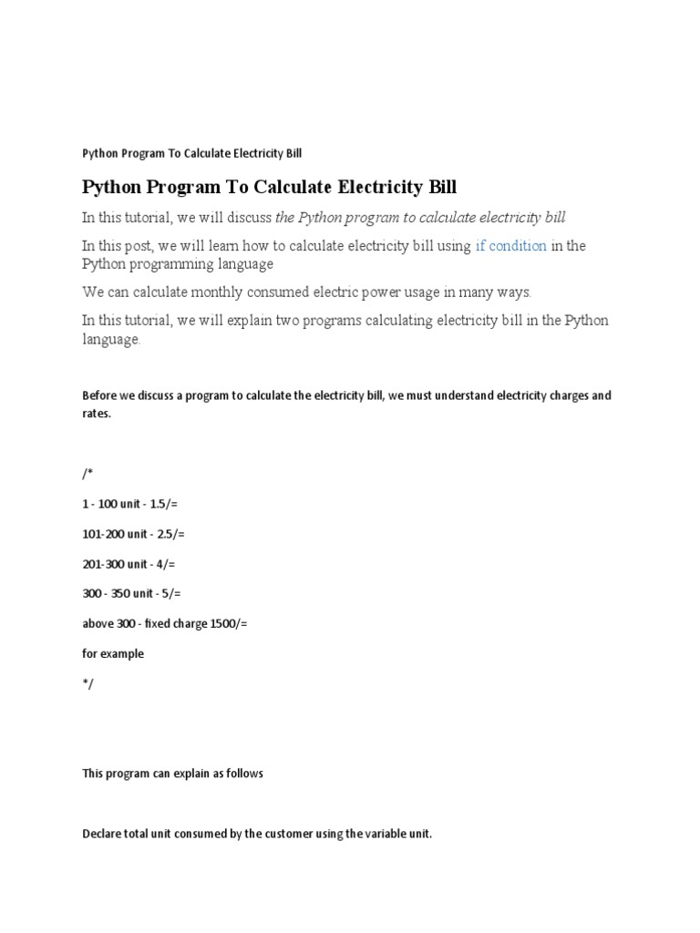 Python Program To Calculate Electricity Bill: If Condition | PDF ...