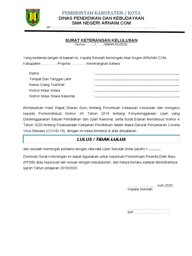 Surat Keterangan Lulus SMA 2020 | PDF