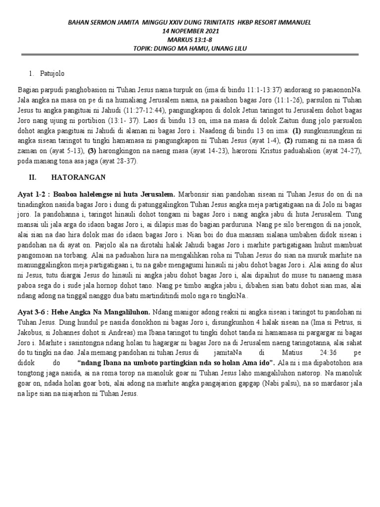 Bahan Sermon Jamita Minggu Xxiv Dung Trinitatis HKBP Resort Immanuel | PDF