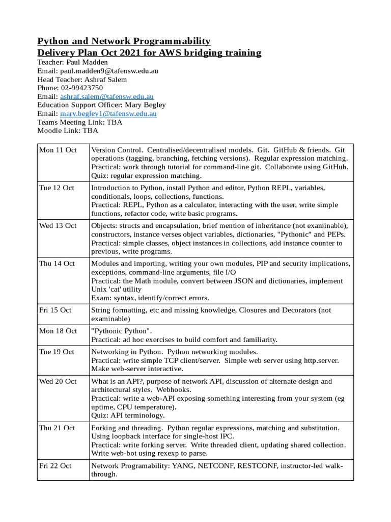 Python and Network Programmability Delivery Plan Oct 2021 For AWS ...