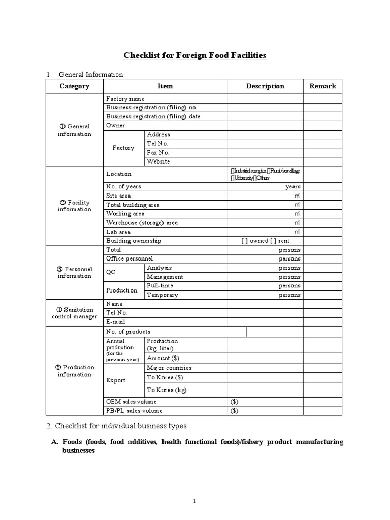 Checklist For Foreign Food Facilities: 1. General Information | PDF ...