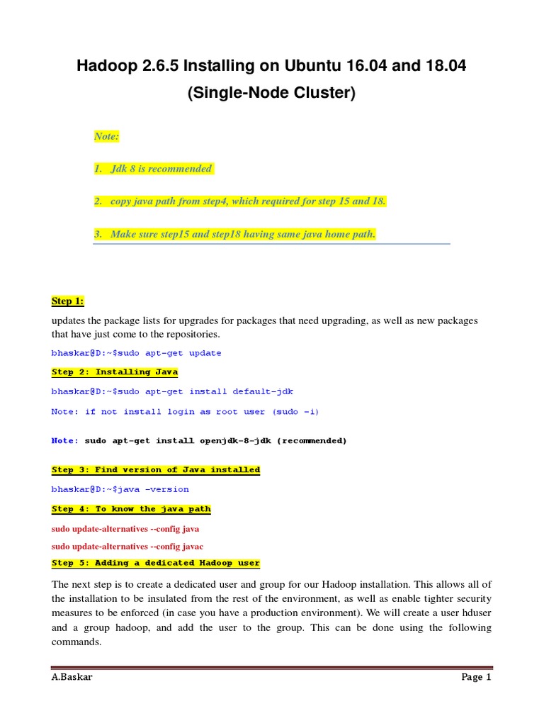 Hadoop 265 Installing On Ubuntu 1604 And 1804 Single Node Cluster Pdf Apache Hadoop Sudo