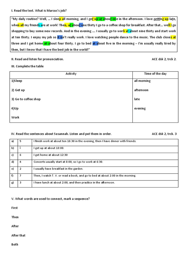 Hand Out 02 - Daily Routines. Reading + Listening | PDF
