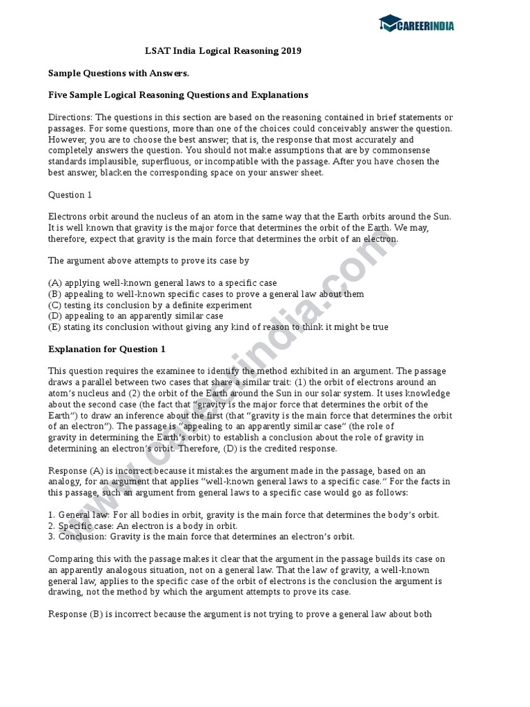 Lsat India Logical Reasoning Sample Questions With Anwers 2018 1201 | PDF | Argument ...