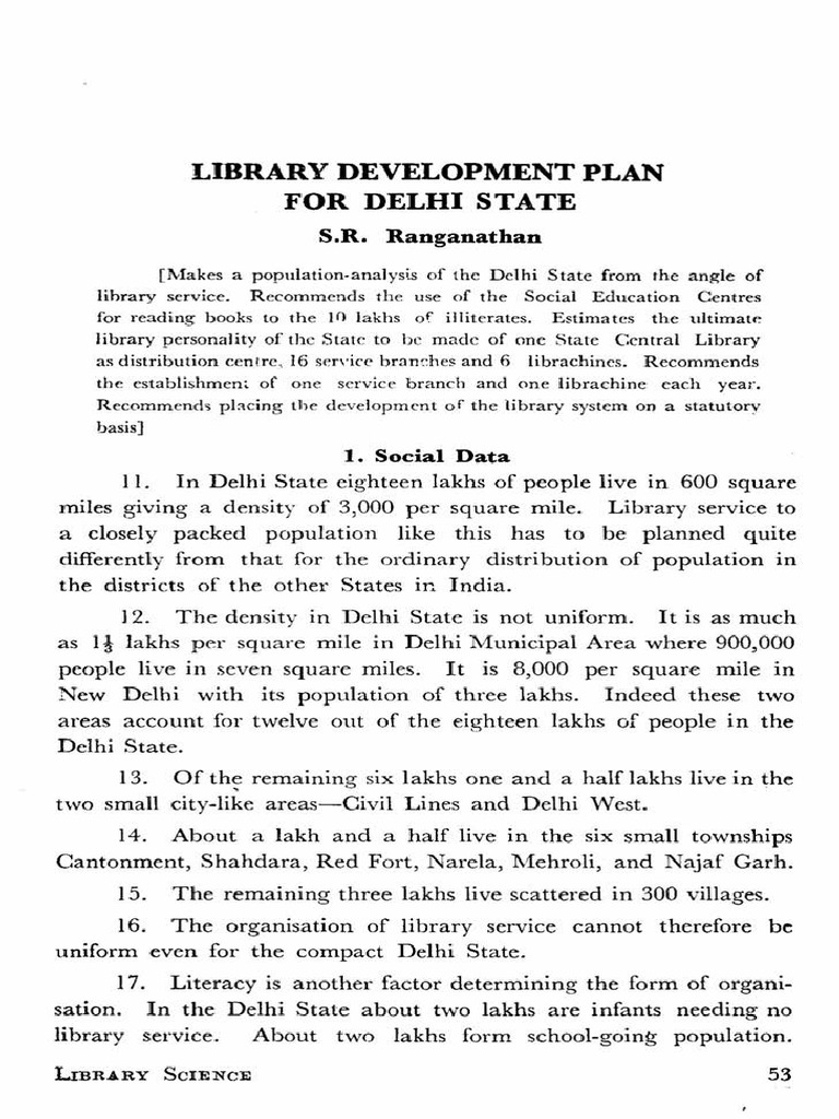 Lmrary Development Plan For Delhi State: S.R. Ranganathan | Download ...