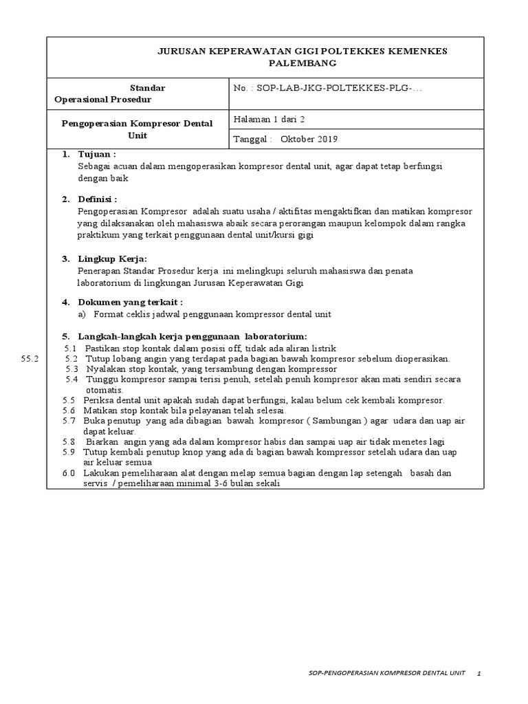 SOP PENGOPERASIAN KOMPRESOR DENTAL UNIT (Edit) | PDF
