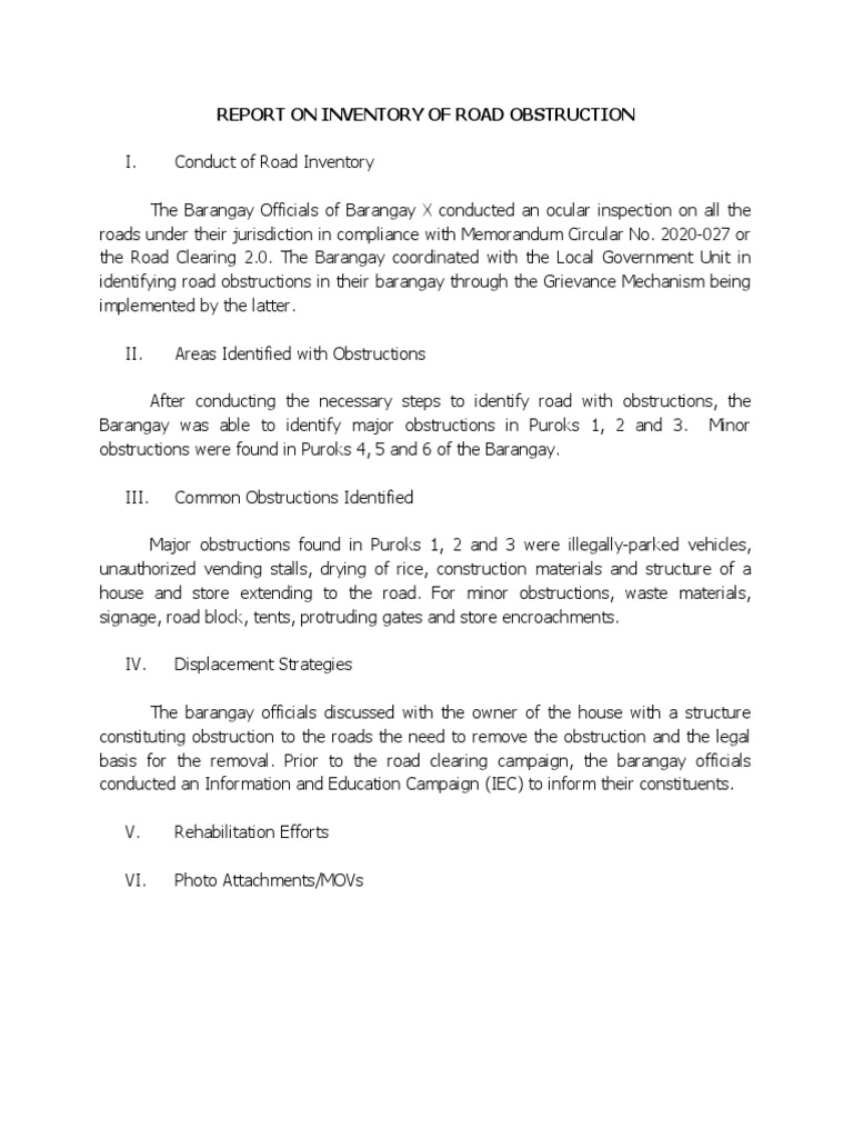 Report On Inventory of Road Obstruction Sample | PDF