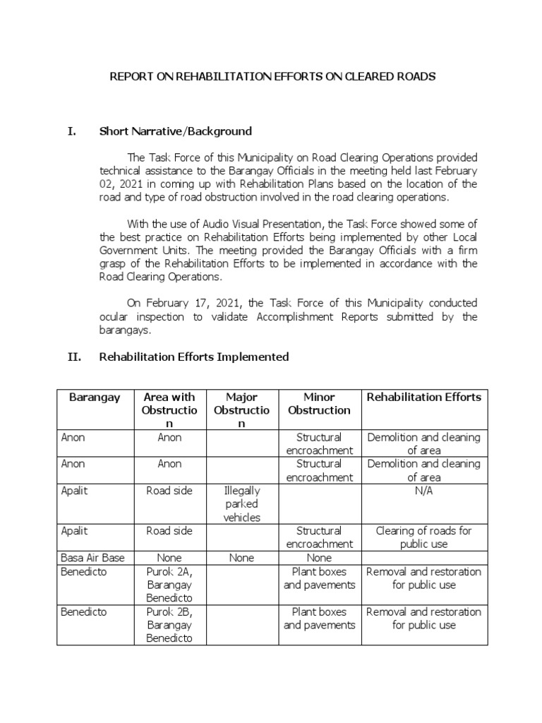 Barangay Road Clearing Rehabilitation Report | PDF | Road | Transport