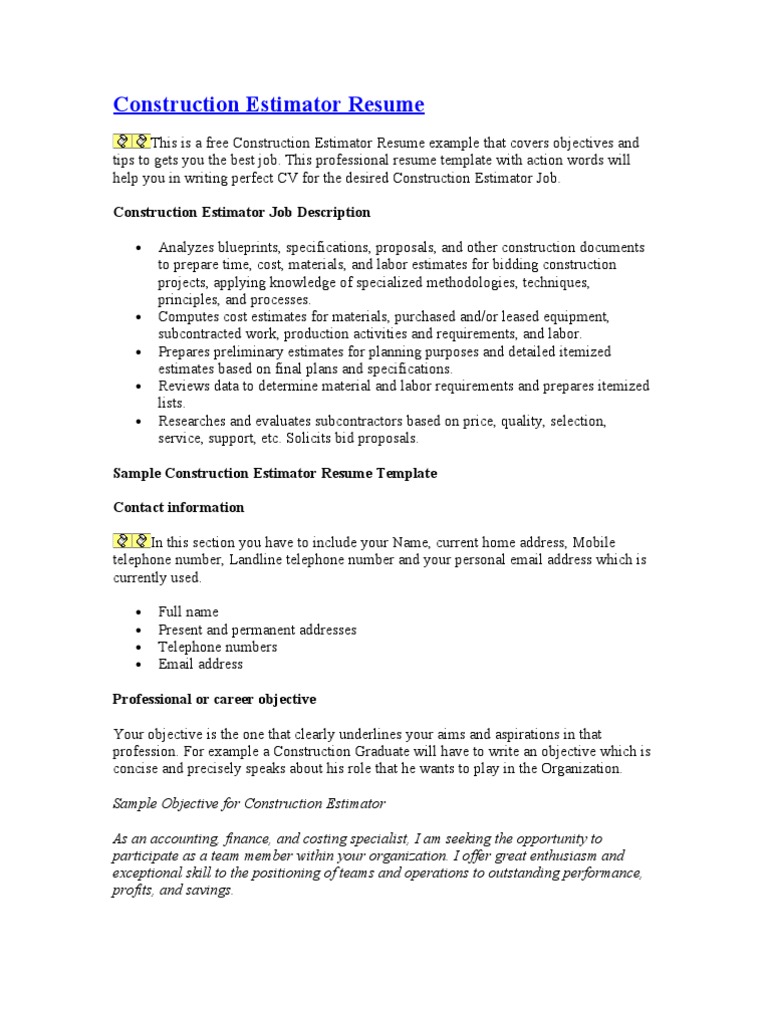 Construction Estimator Resume | Business Economics | Economies