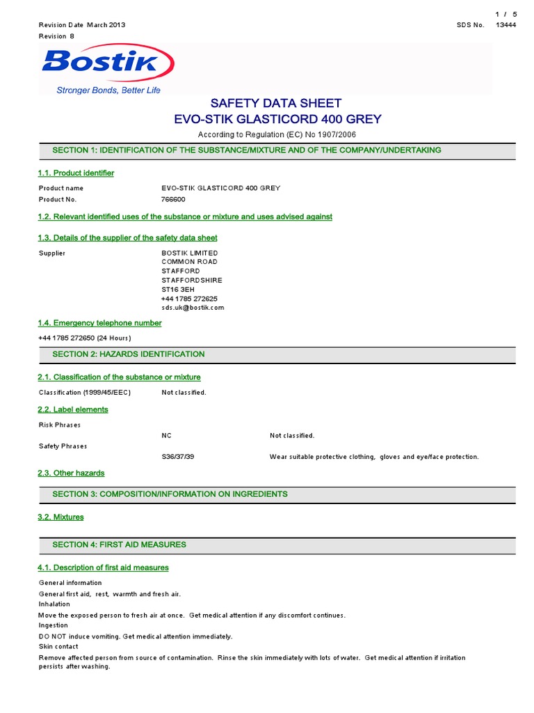 Safety Data Sheet Evo-Stik Glasticord 400 Grey: According To Regulation ...