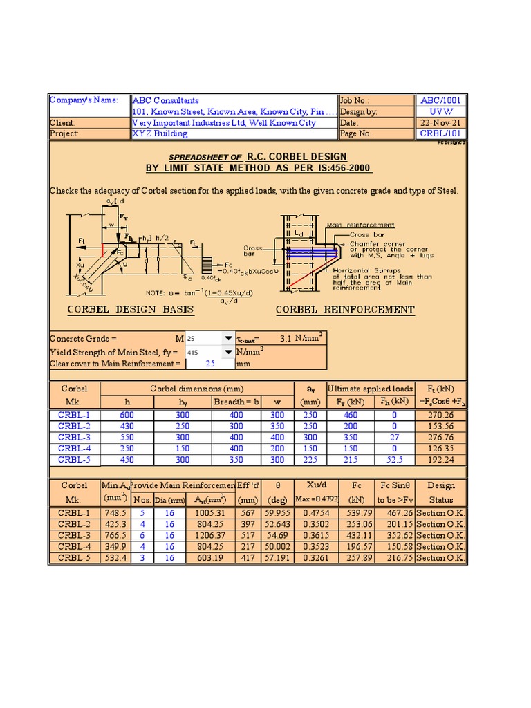 RC corbel design spreadsheet | PDF | Stress (Mechanics) | Building ...