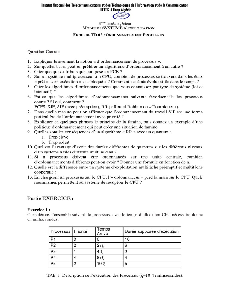 TD 02 SE - Ordonnancement Processus | PDF | Ordonnancement dans les systèmes d'exploitation ...