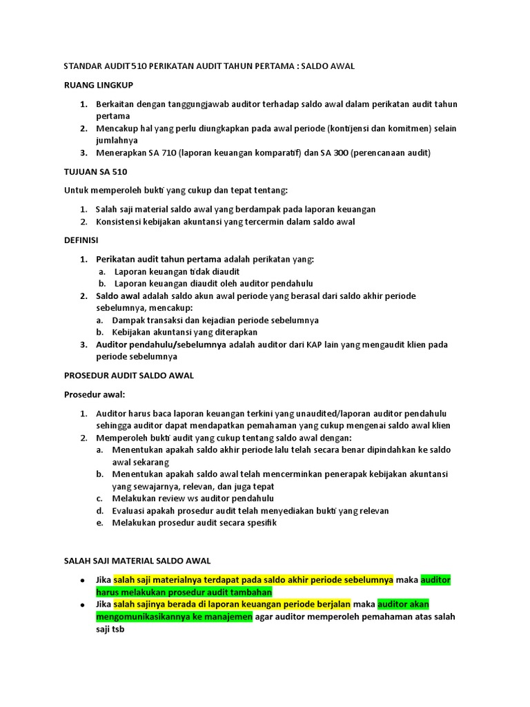 Ringkasan Sa 510 Perikatan Audit Tahun Pertama Saldo Awal | PDF