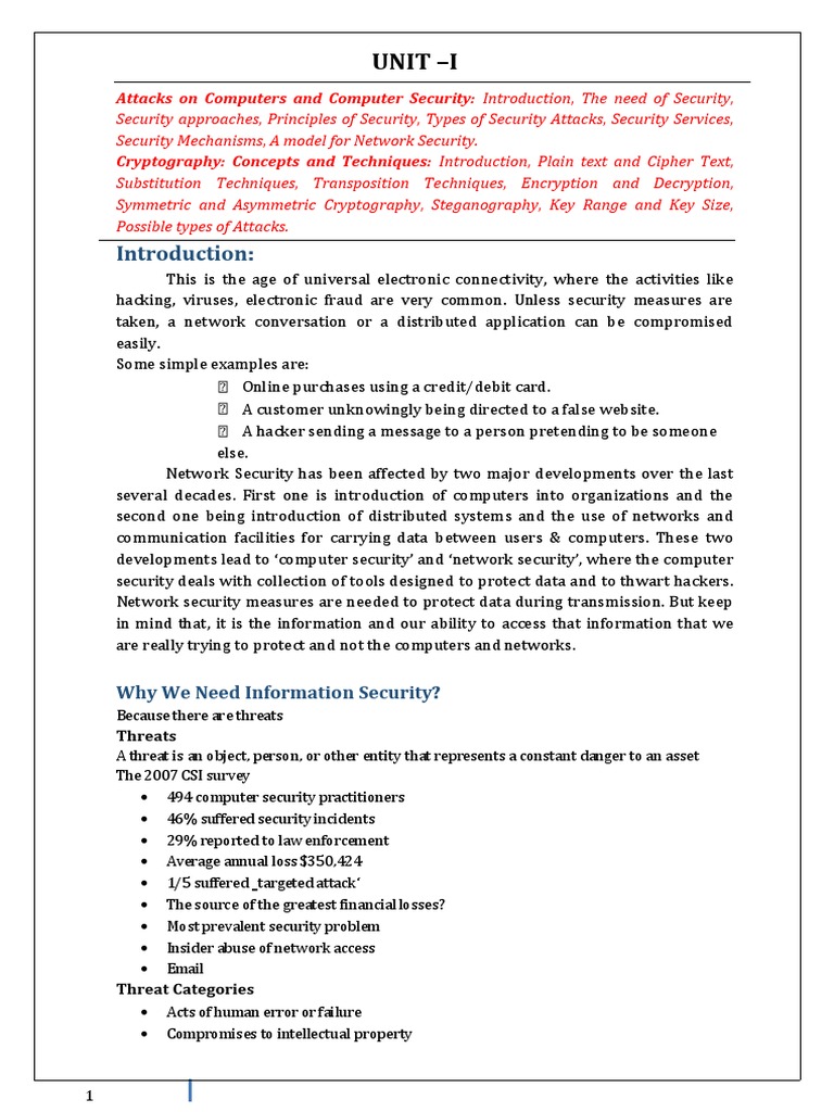 Unit - I: Attacks On Computers and Computer Security: Introduction, The Need of Security | PDF ...