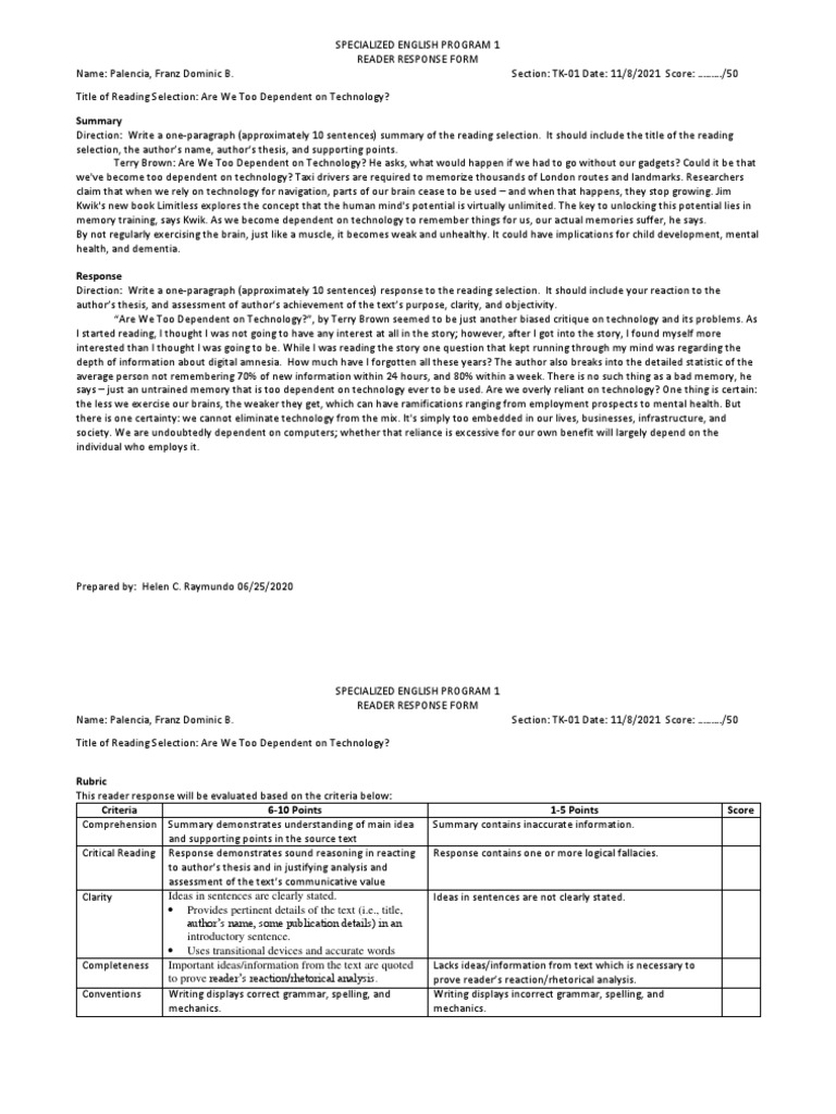 Reader Response Form With Rubric D3, PALENCIA | PDF | Memory | Rubric ...