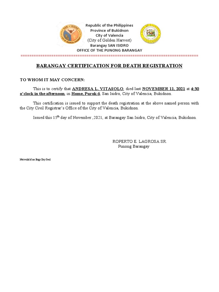 Barangay Certification For Death Registration | PDF | Birth Certificate | Family
