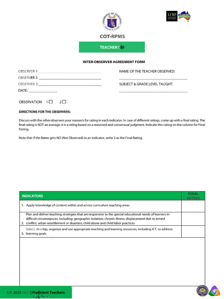 COT-RPMS Inter-Observer Agreement Form For T I-III With Signature | PDF