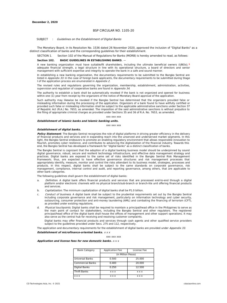 BSP Circular No. 1105 Series of 2020 | PDF | Banks | Money Laundering