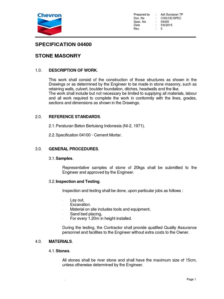 Stone Masonry Specification | PDF | Masonry | Concrete