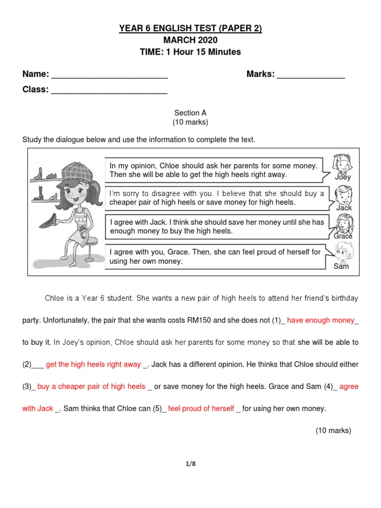 Year 6 English Test Paper 2 March 2020 | PDF