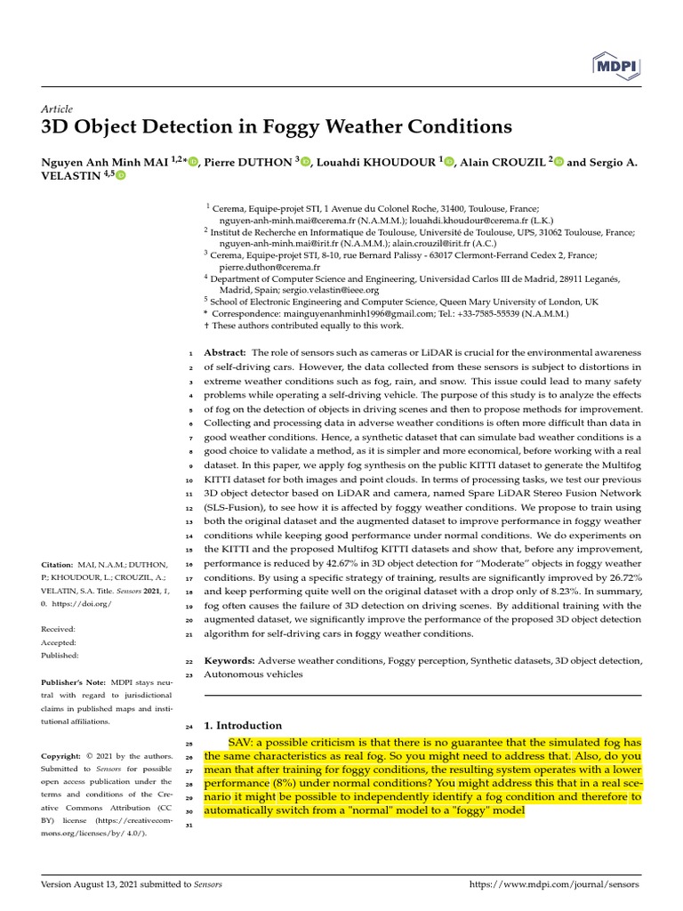 3d Object Detection In Foggy Weather Conditions Pdf Lidar Fog