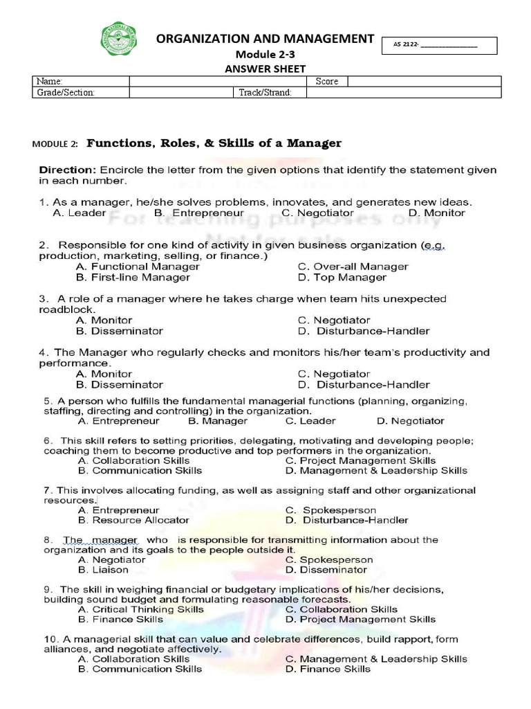 Organization and Management: Module 2-3 Answer Sheet | PDF