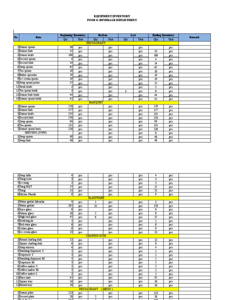 Equipment Inventory Food & Beverage Department | Download Free PDF ...