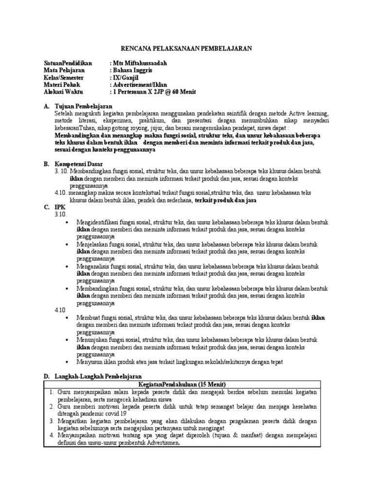 RPP Advertisement Kelas 9 Ayu | PDF