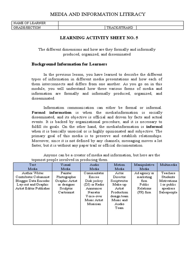 Media and Information Literacy: Learning Activity Sheet No. 5 ...