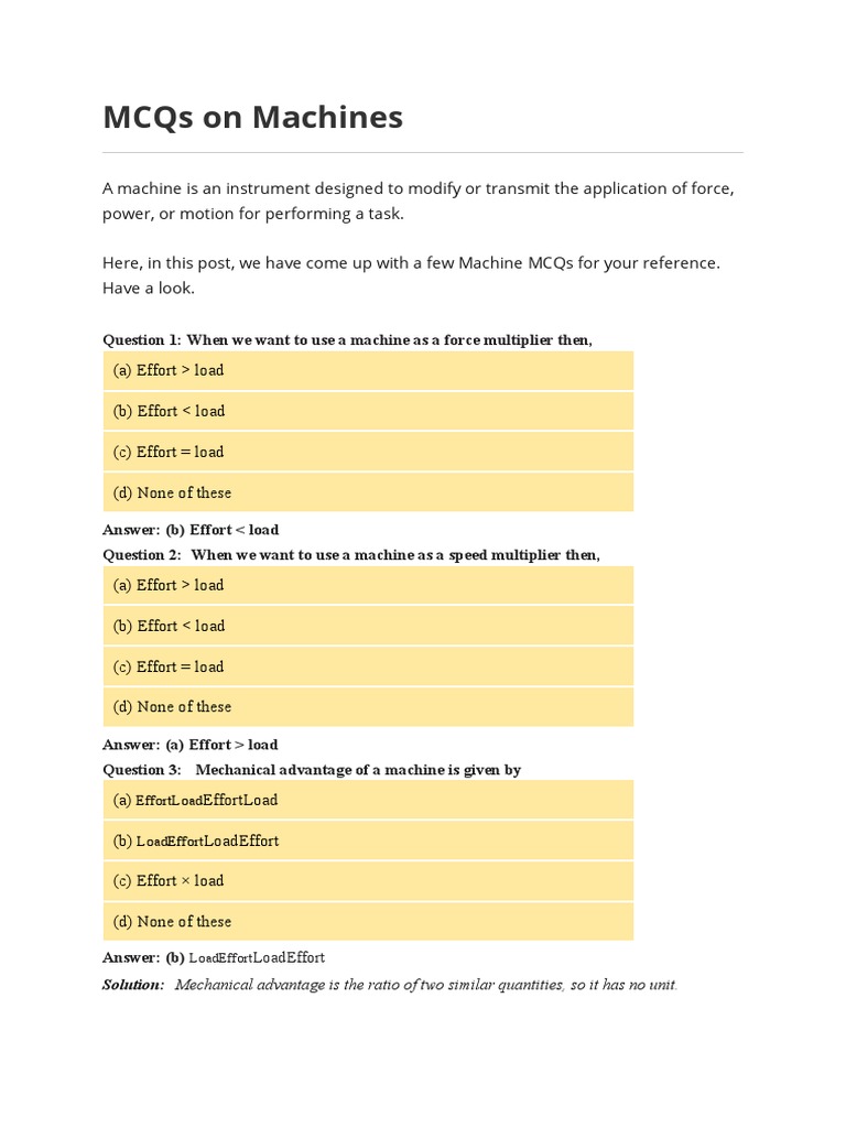 MCQs On Machines | PDF | Lever | Machines