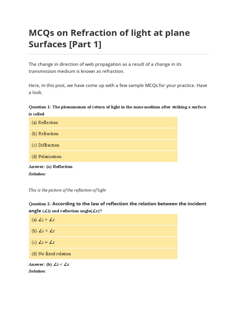 MCQs on Light Refraction for Class 10 | PDF | Refraction | Reflection ...