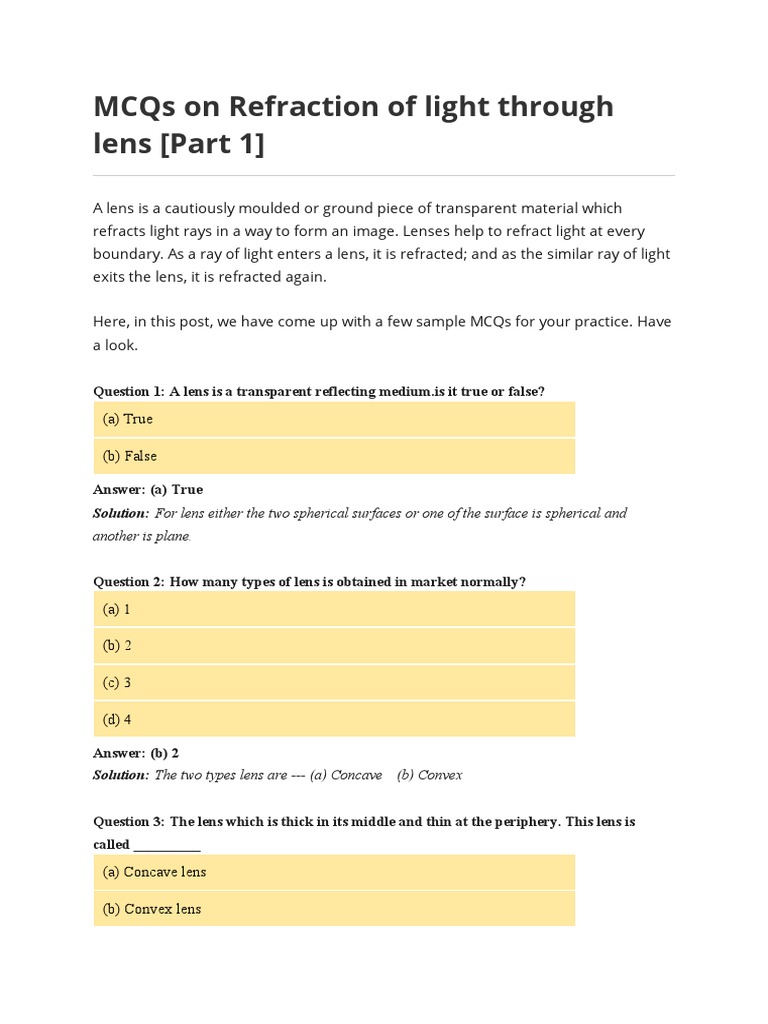 MCQs On Refraction of Light Through Lens | PDF | Optics ...