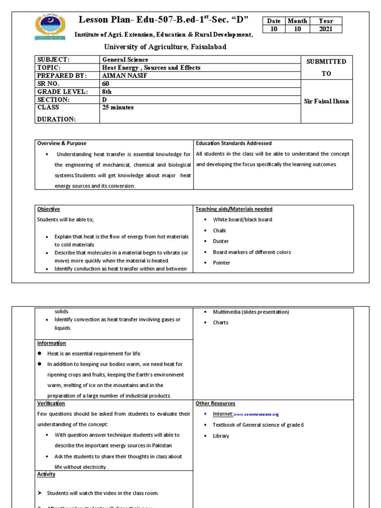 Lesson Plan-Edu-507-B.ed-1 - Sec. "D": University of Agriculture, Faisalabad | PDF | Thermal ...