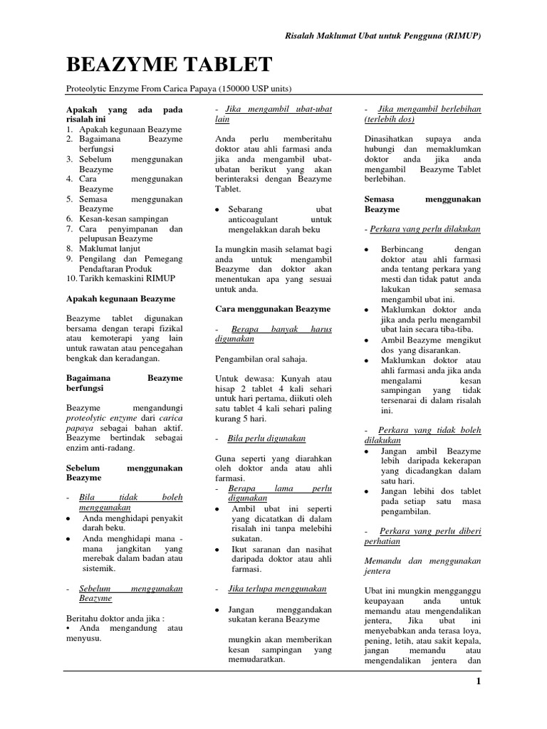 Beazyme Tablet Proteolytic Enzymel UPHA PHARMACEUTICAL MFG M SDN BHD ...