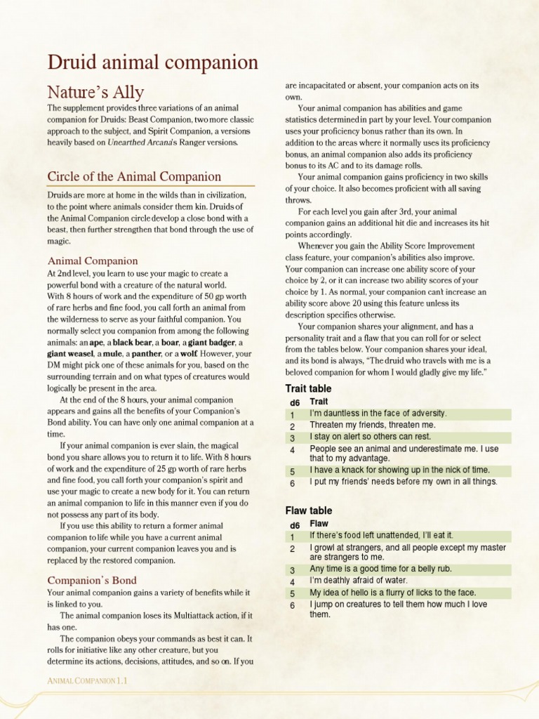 Druid Animal Companion: Nature's Ally | PDF