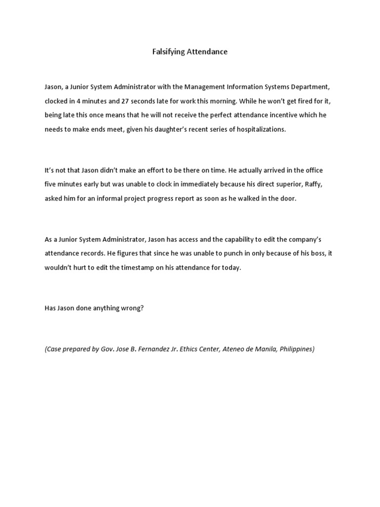 Falsifying Attendance: (Case Prepared by Gov. Jose B. Fernandez Jr ...