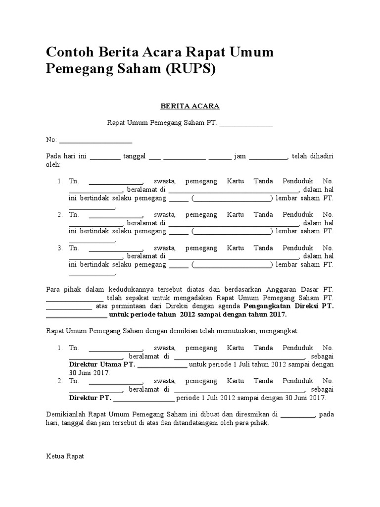Contoh Berita Acara Rapat Umum Pemegang Saham (RUPS) | PDF