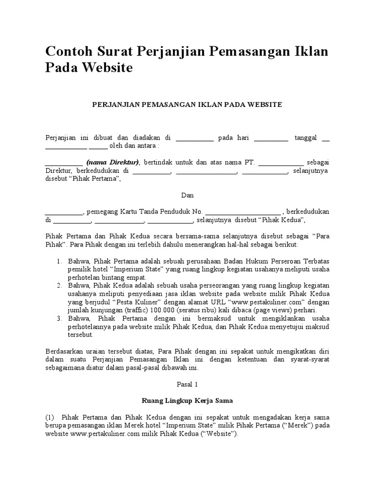 Contoh Surat Perjanjian Pemasangan Iklan Pada Website | PDF