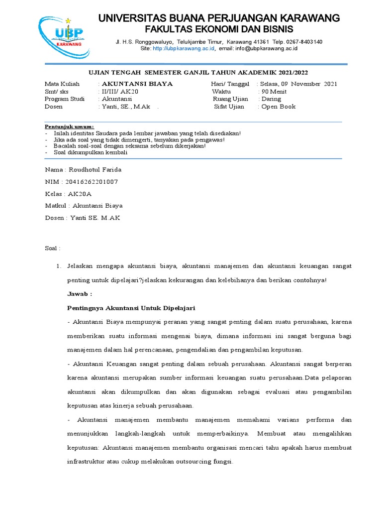Soal Dan Jawaban Uts Akbi - Roudhotul Farida Ak20a | PDF