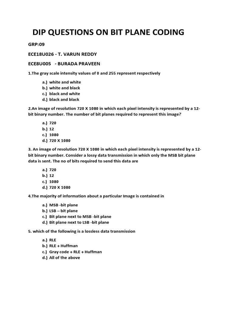 Dip Questions On Bit Plane Coding | PDF | Bit | Data Compression