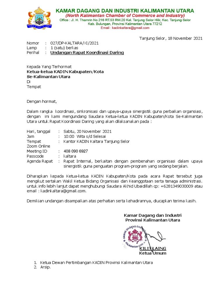 DRAFT 027 Surat Undangan Rakordin Kadin Kaltara | PDF