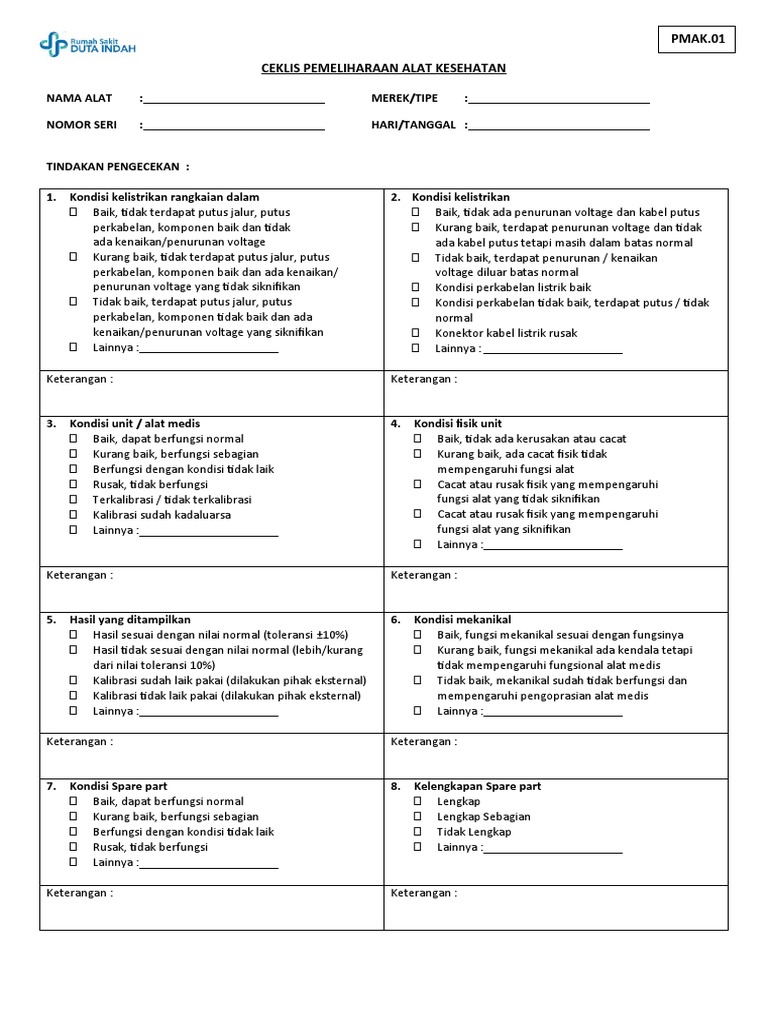 Contoh Checklist Pemeliharaan Alkes Elektromedik | PDF