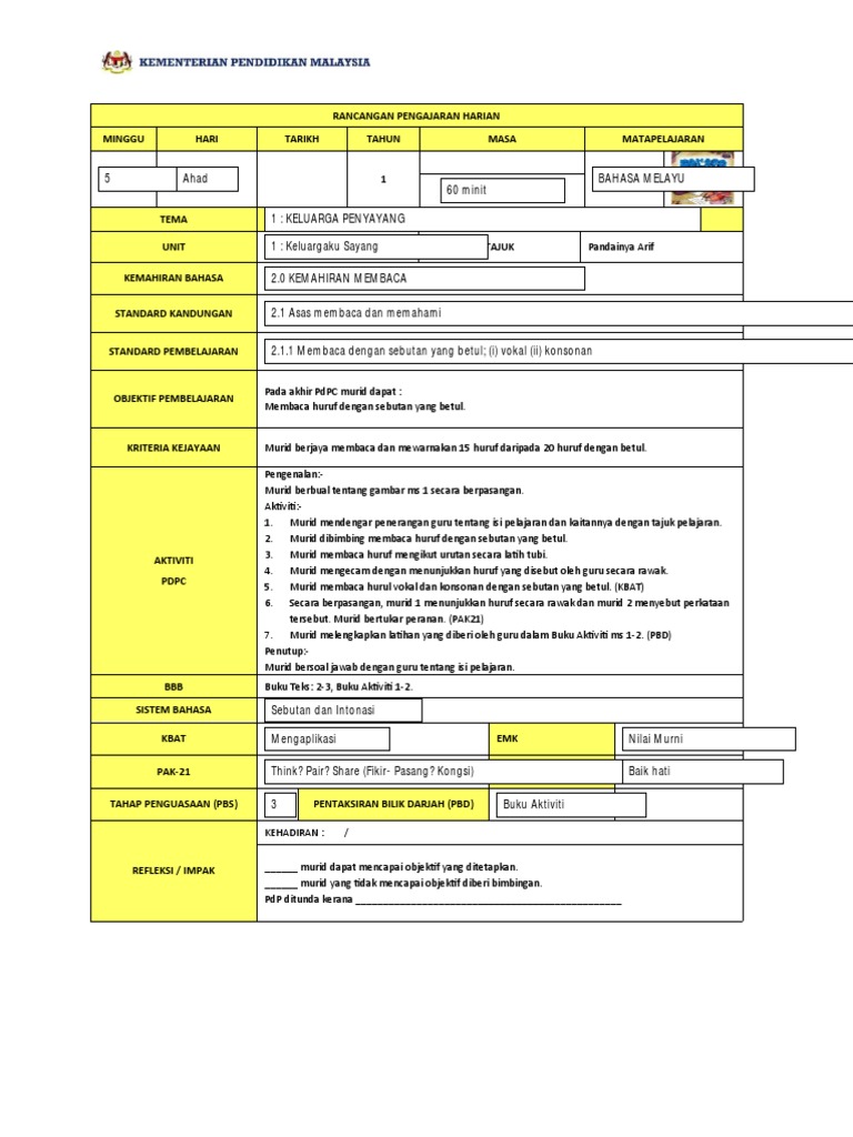RPH BM THN 1 Unit 1 | PDF | Karier & Perkembangan | Seni & Disiplin Bahasa