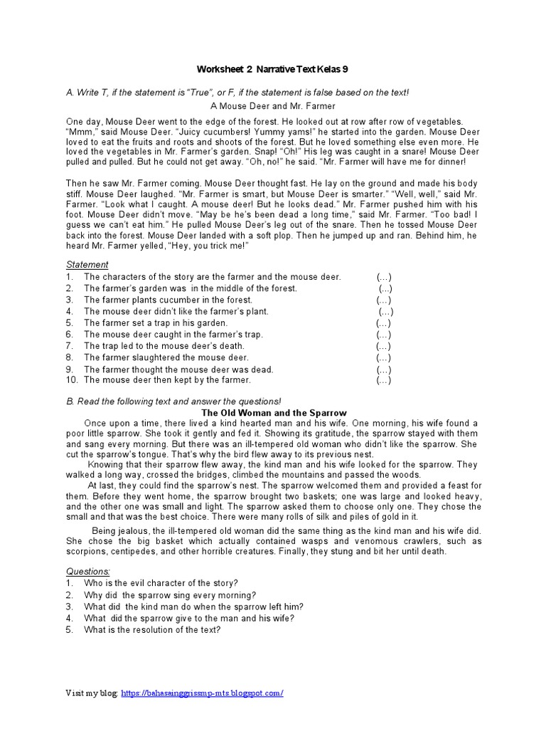 Worksheet 2 Narrative Text Kelas 9 | PDF